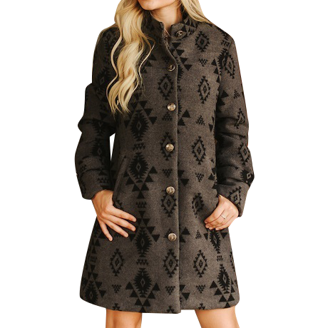 Women's Black Charcoal Aztec Printed Button Down Mid-Length Coat ...