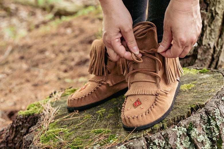 Women's Genuine Moka Suede Moccasin Boots with Long Fold-Over Fringes ...