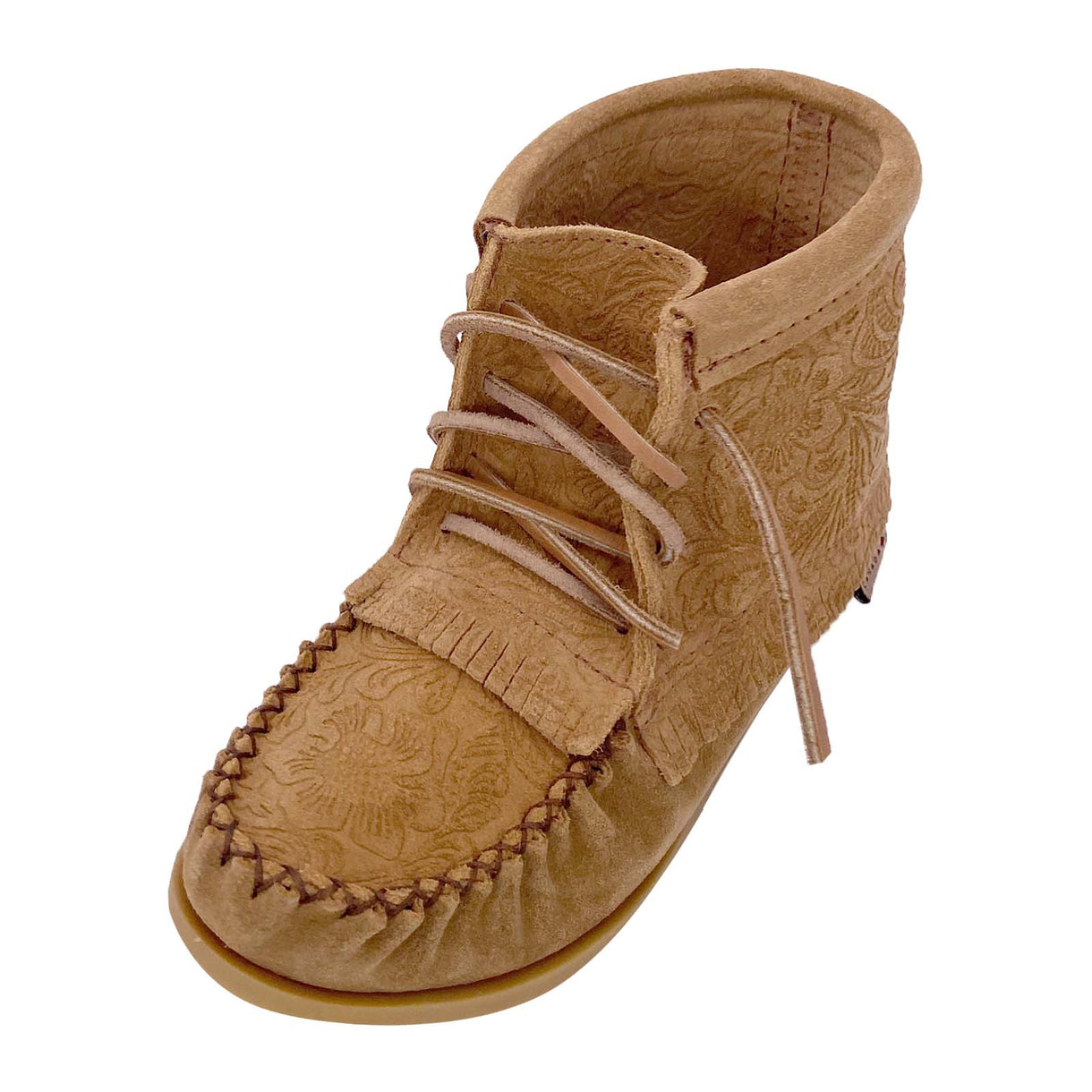Women's Floral Embossed Genuine Suede Dark Tan Ankle Moccasin Boots ...