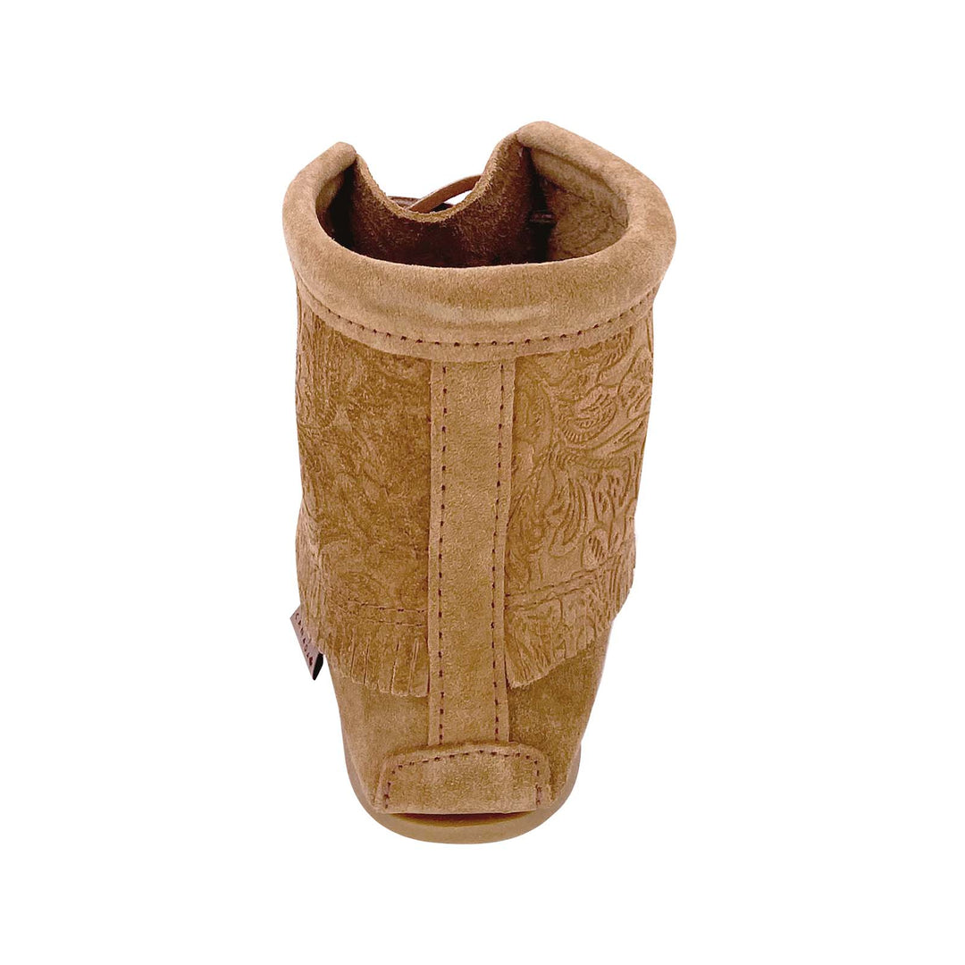 Women's Floral Embossed Genuine Suede Dark Tan Ankle Moccasin Boots ...