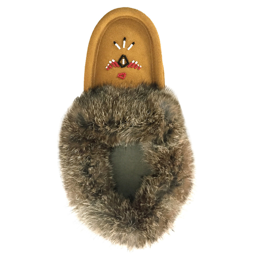 Womens Hand Beaded Moccasin Slippers with Real Fuzzy Rabbit Fur Trim ...