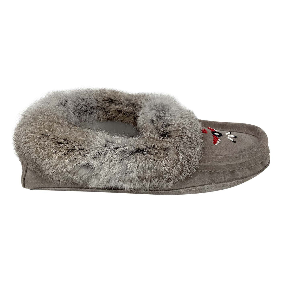 Men's Lined Beaded Suede Moccasin Slippers with Real Rabbit Fur Trim ...