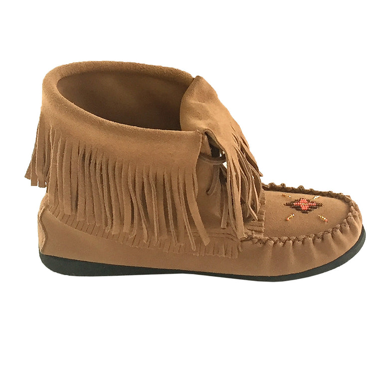 Women's Genuine Moka Suede Moccasin Boots with Long Fold-Over Fringes ...