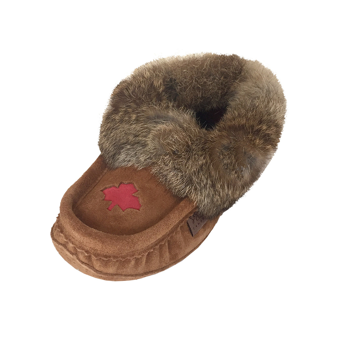 Women's Canadian Maple Leather Moccasin Slippers with Rabbit Fur Trim ...