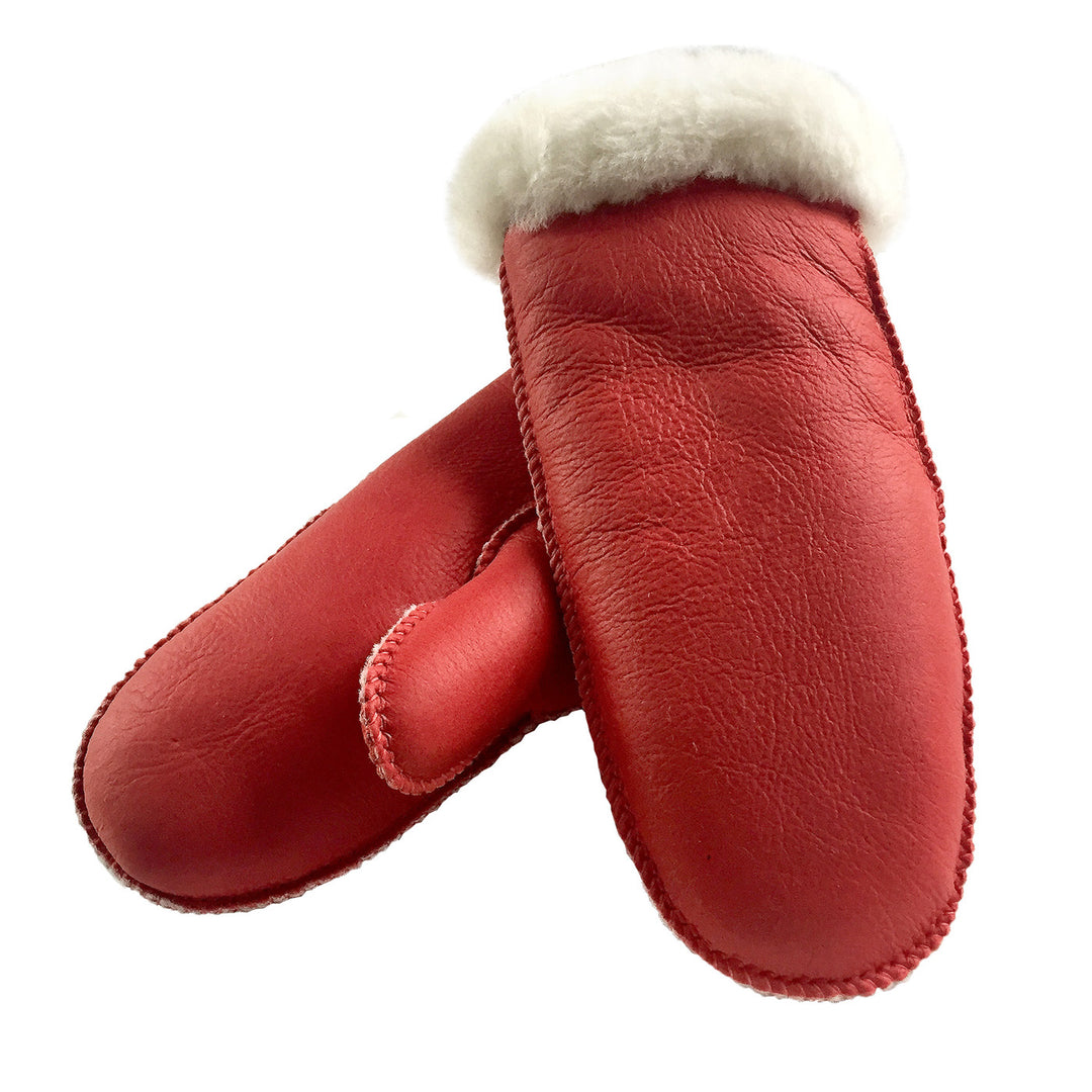 Women's Real Sheepskin Lined Mittens with Bright Red Leather Exterior ...