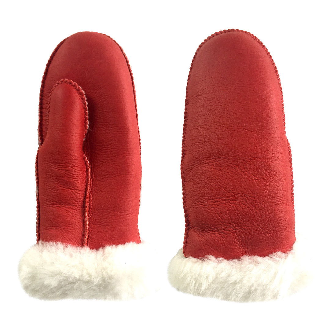 Women's Real Sheepskin Lined Mittens with Bright Red Leather Exterior ...