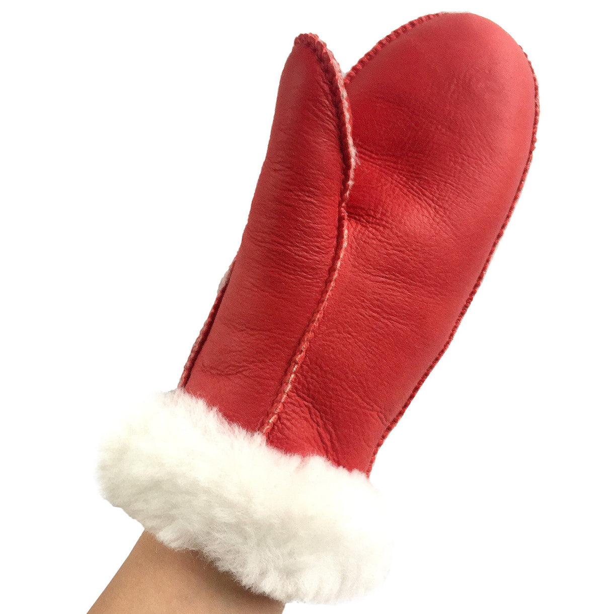 Women's Real Sheepskin Lined Mittens with Bright Red Leather Exterior ...